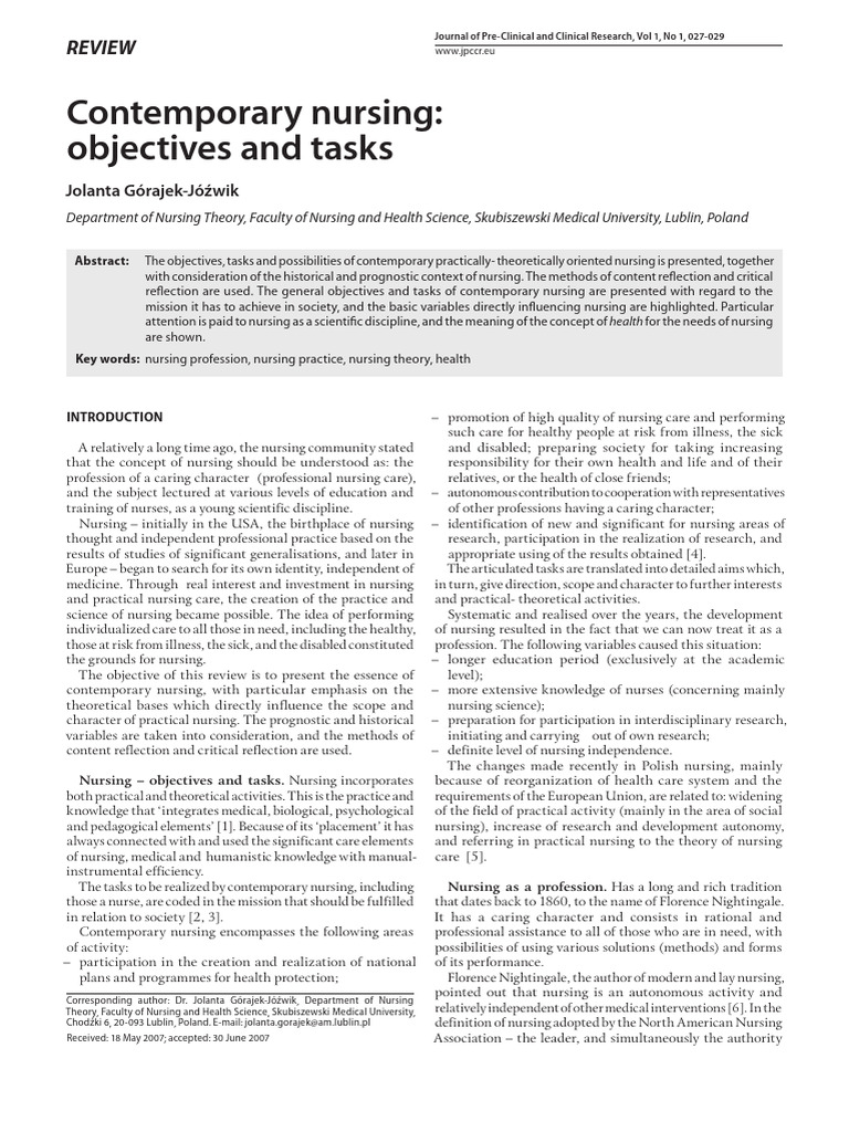 Objectives of Contemporary Nursing | PDF | Nursing | Theory
