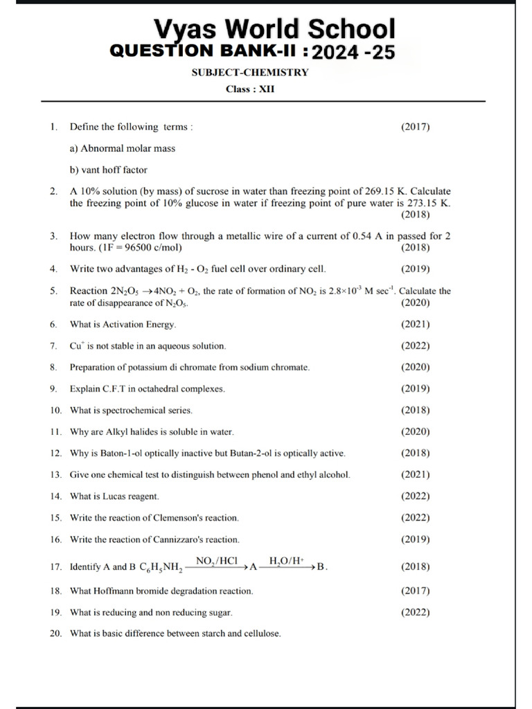 Question Bank of Chemistry 12th 2 | PDF