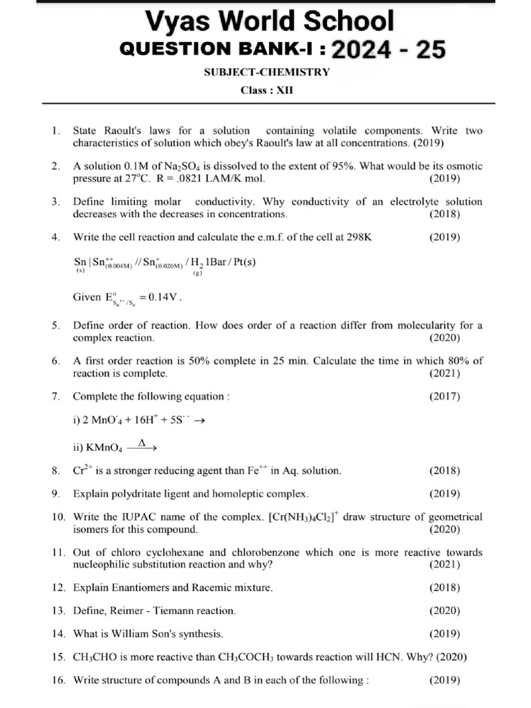 Question bank of Chemistry 12th | PDF