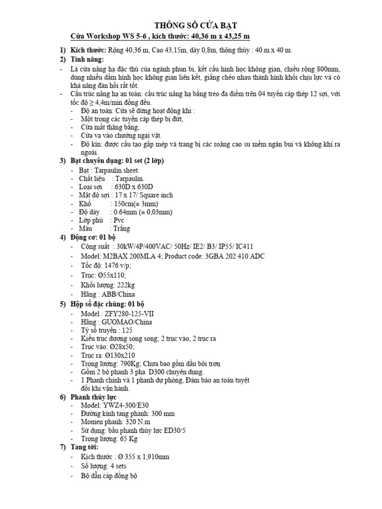 7. Thông Số Kỹ Thuật Cửa 40m | PDF