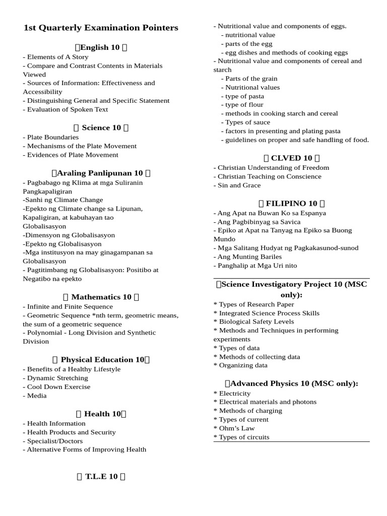 1st Quarterly Examination Pointers | PDF
