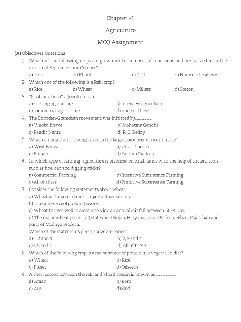 CH 4 WS MCQ Agriculture 202425 | PDF