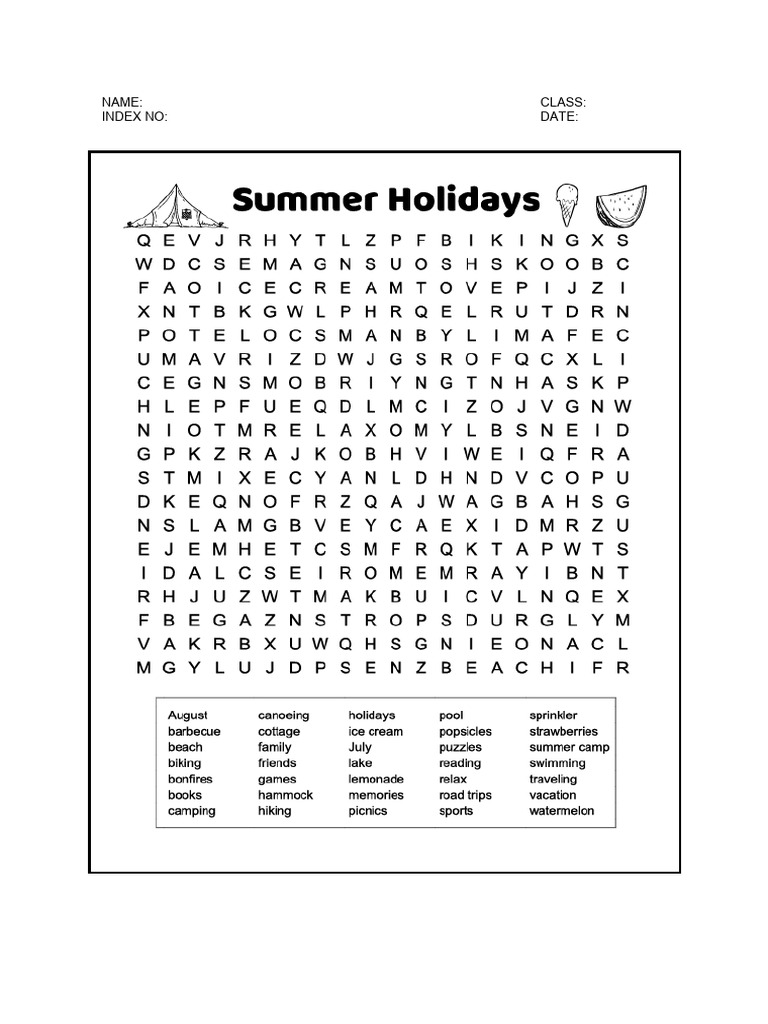 Summer Holidays Word Search - PNG | PDF