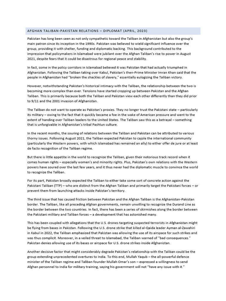 Pakistan Taliban Relations | PDF | Afghanistan | Taliban