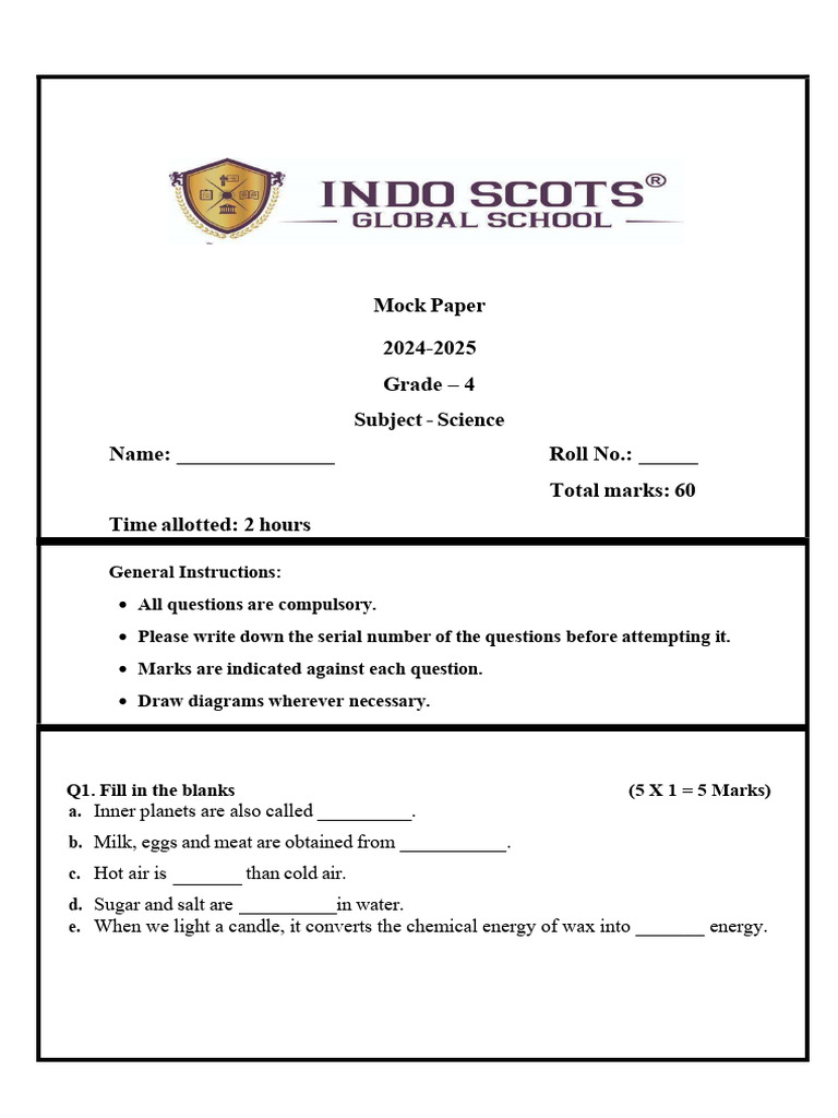 Grade 4 Science Mock Paper | PDF | Earth | Water