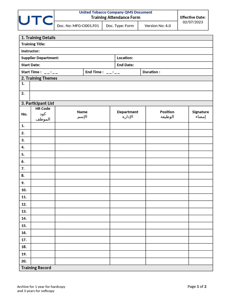 Training Attendance Form MFG-CI001.F01 | PDF