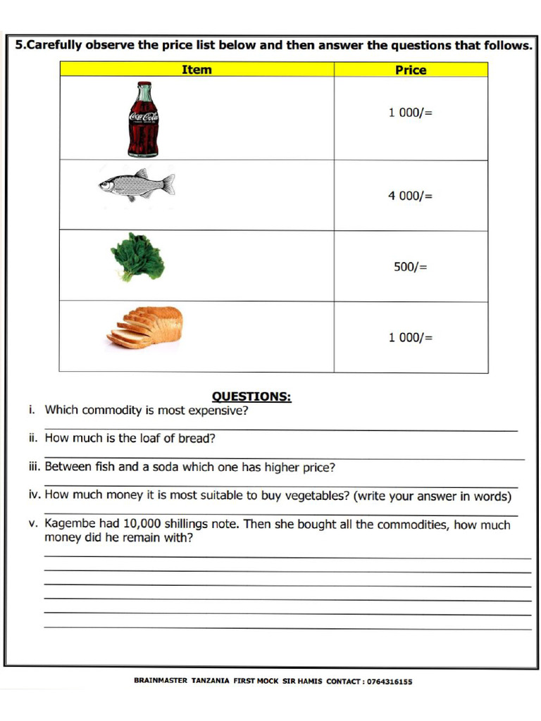 Brainmaster Tanzania?? G4 Math First Mock 2024 1 | PDF