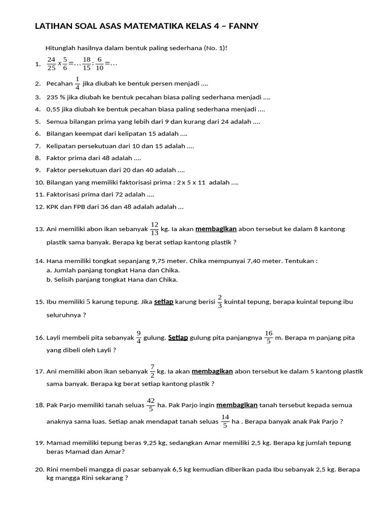 Latihan Asas Matematika Kelas 4 Fanny | PDF
