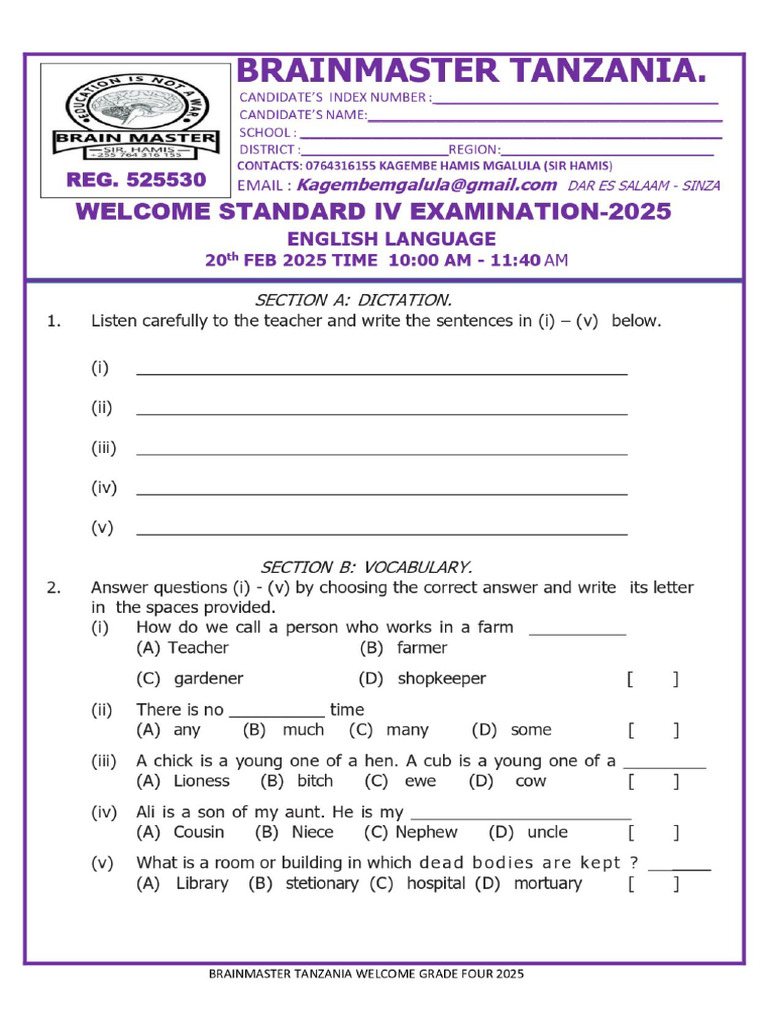 Brainmaster Tanzania?? Welcome Grade Four 2025 (0764316155) | PDF