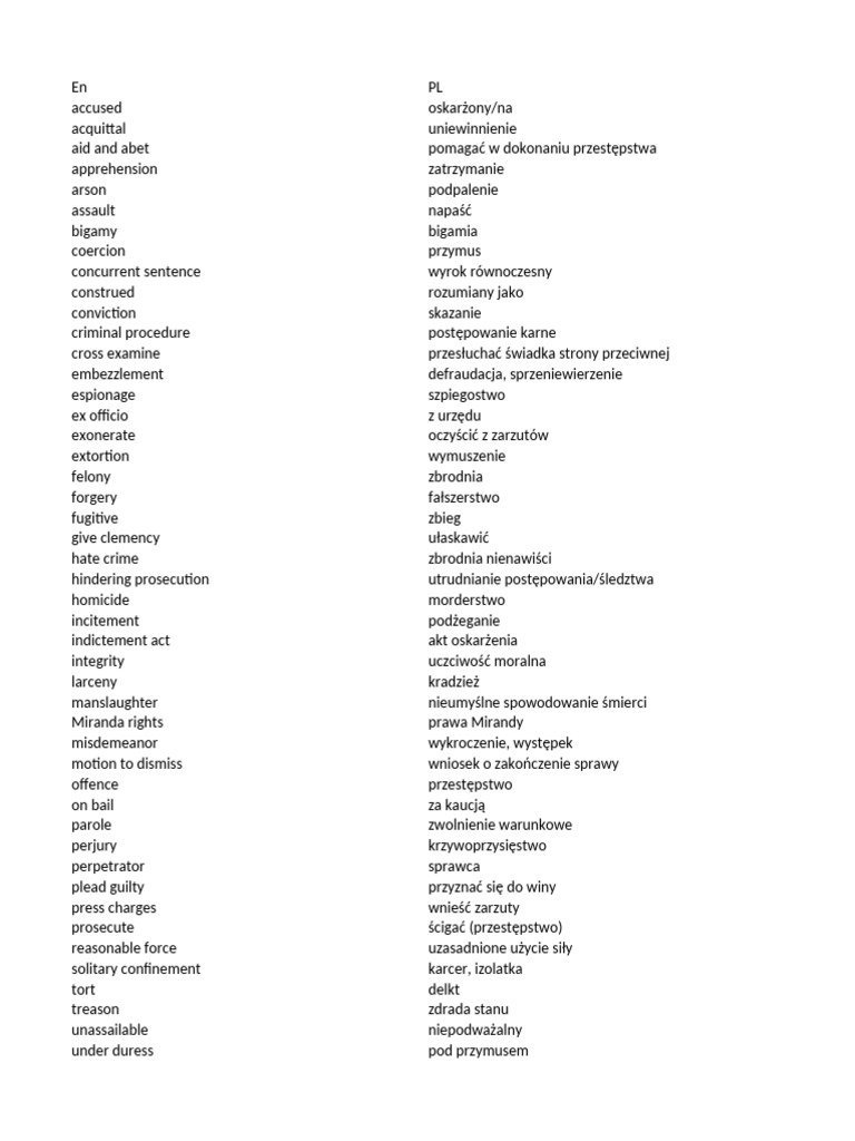 Vocabulary List Criminal Law | PDF