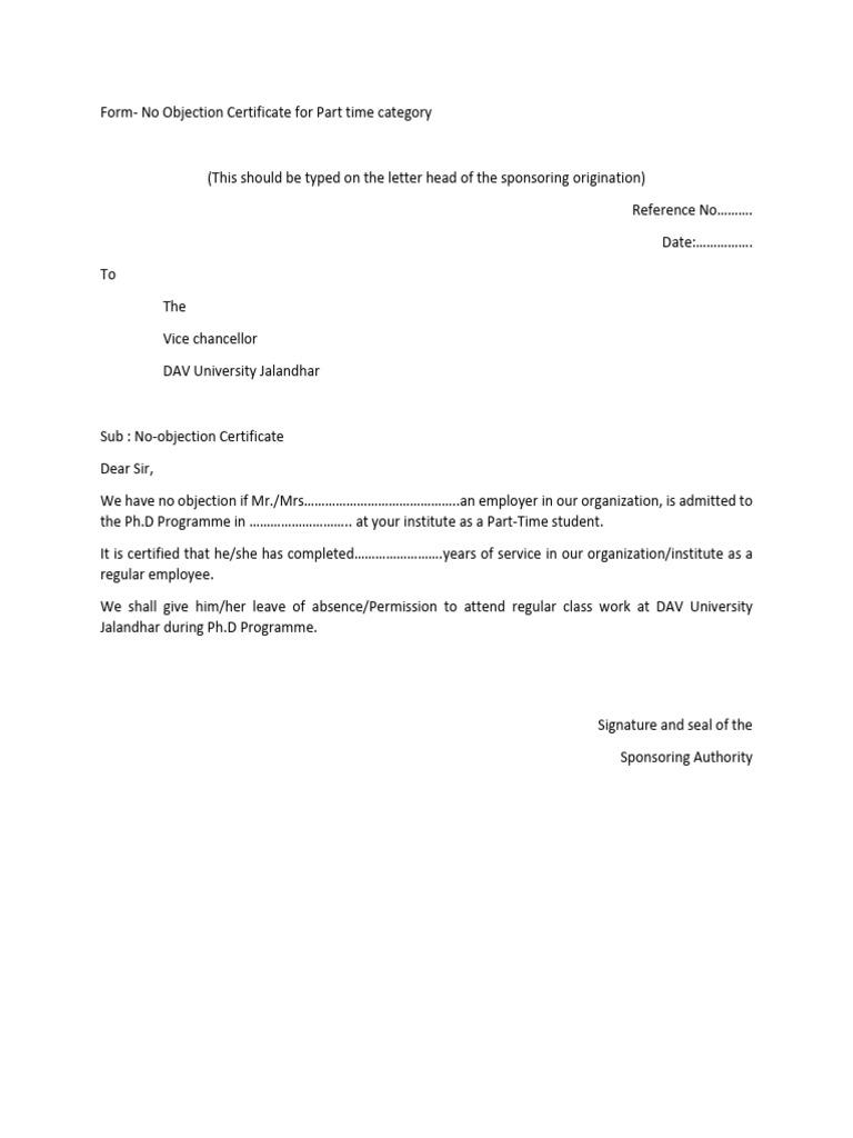 NOC Formate For Parttime PHD Admission | PDF