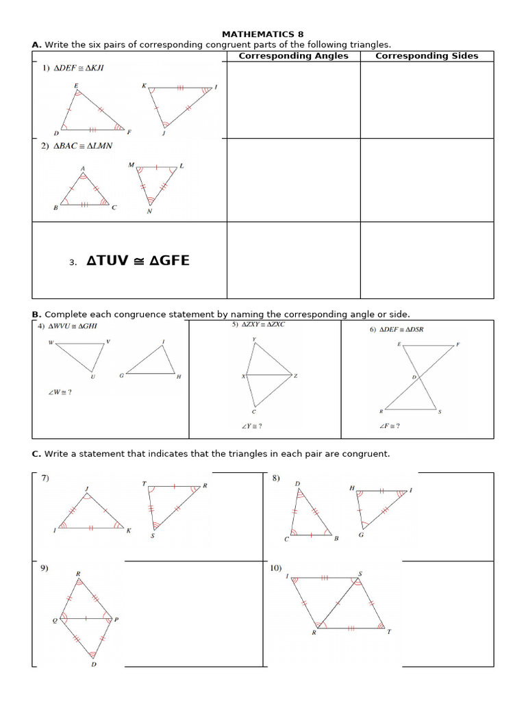 Activity Sheet - Triangle Congruence | PDF