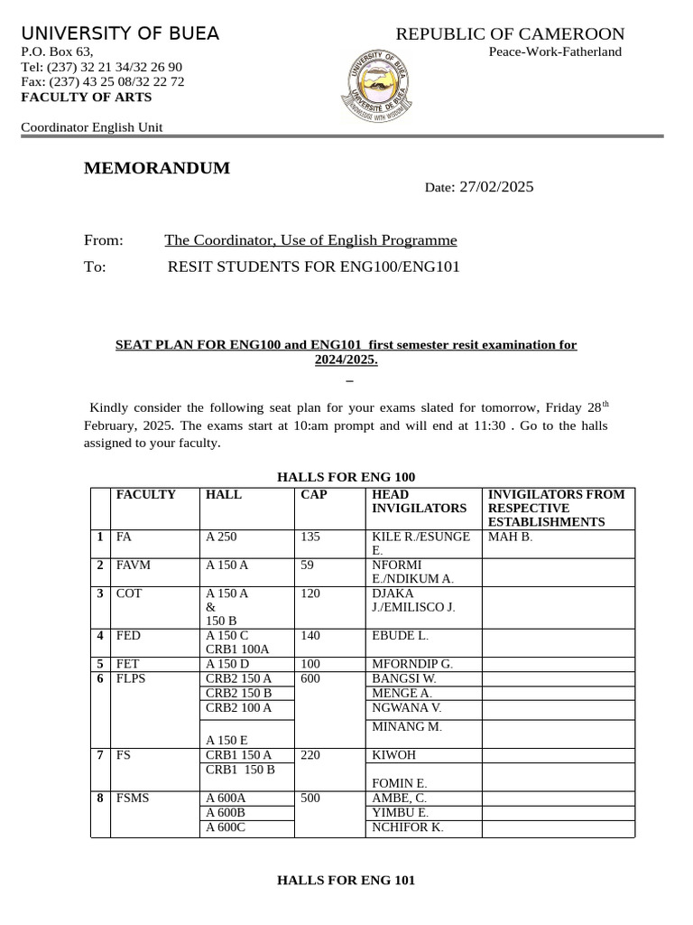 Final Seat Plan Resit Eng100 and Eng101 2024 2025 | PDF