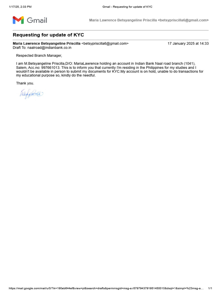 KYC Update Request for Indian Bank Account | PDF