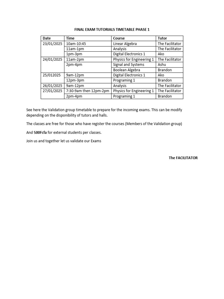 Final Exam Tutorials Timetable Phase 1 | PDF