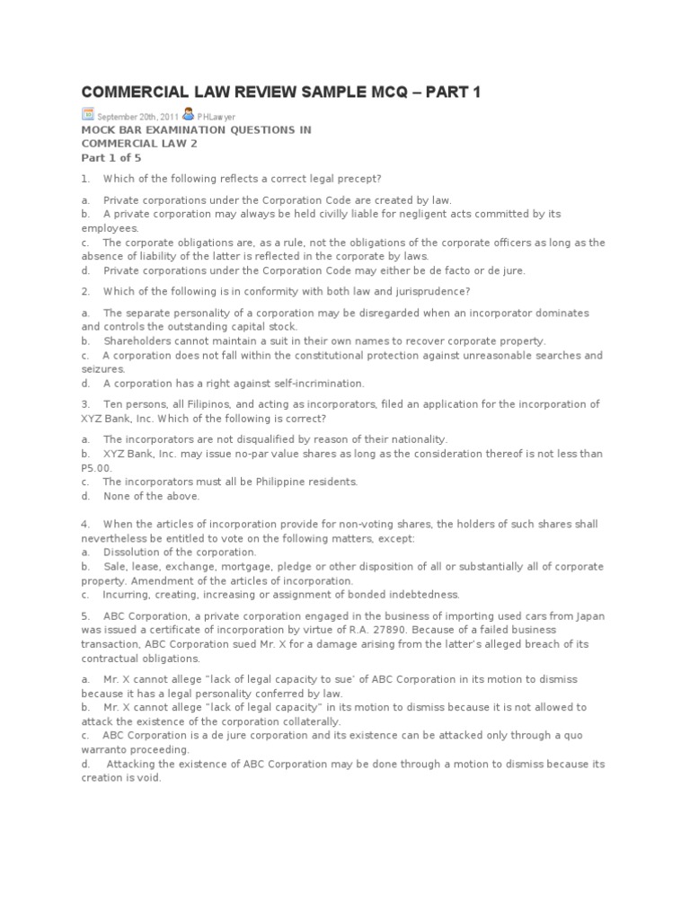 Commercial Law Review Sample MCQ | PDF | Dividend | Banks