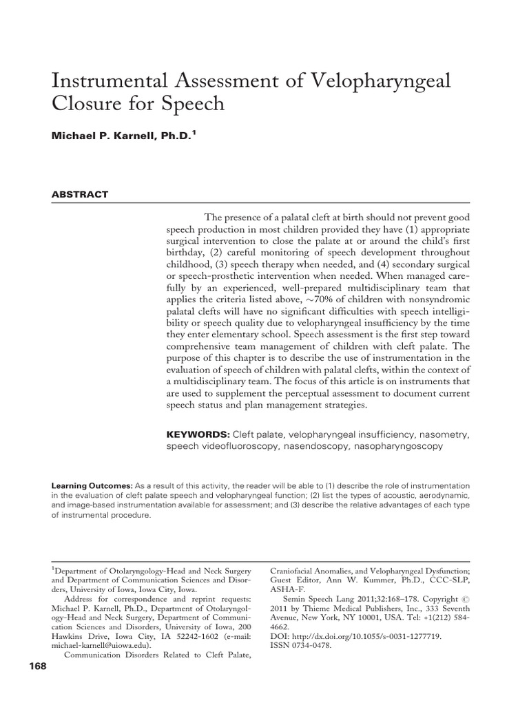 Instrumental Assessment of Velopharyngeal Closure For Speech | PDF | Speech