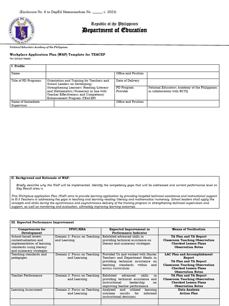 WAP Template for TEACEP School Heads | PDF | Teachers | Lesson Plan