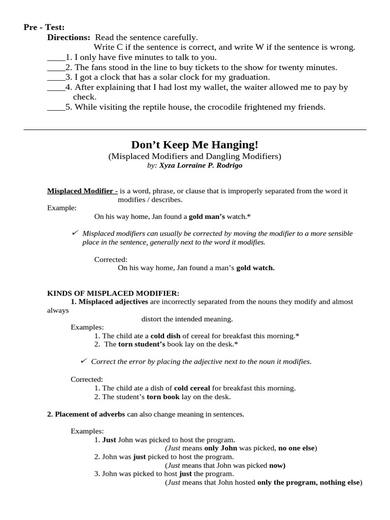 Dont Keep Me Hanging (Handout) | PDF | Adverb | Sentence (Linguistics)