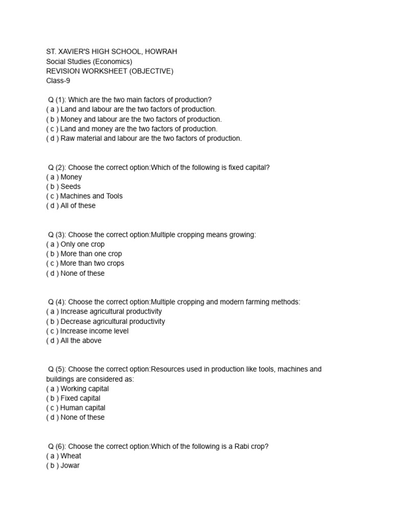 Economics Revision Worksheet | PDF | Agriculture | Agricultural ...