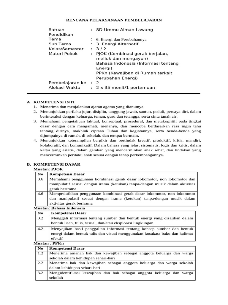 RPP Kelas 3 Tema 6 Sub Tema 3 PB 2 | PDF