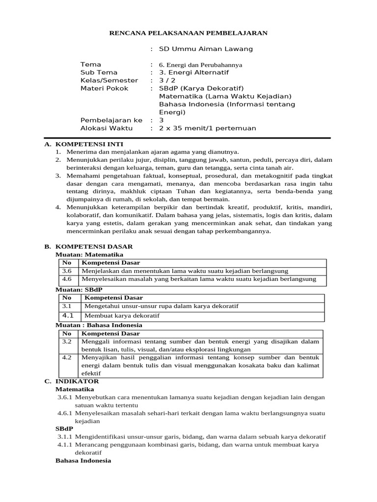 6. Rpp Kelas 3 Tema 6 Sub Tema 3 Pb 3 | PDF