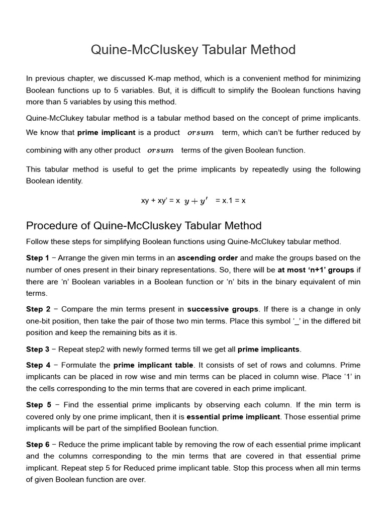 Quine-McCluskey Tabular Method | PDF | Mathematics | Computer Programming