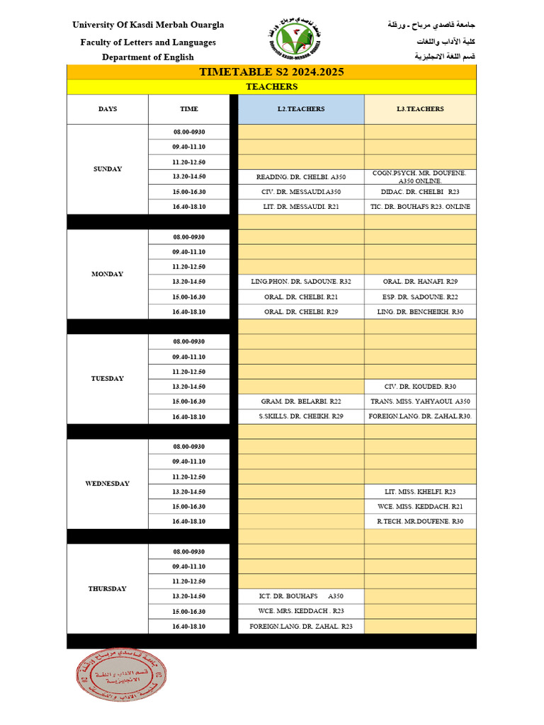 L2.l3-Teachers Timetable S2.2024-2025 | PDF