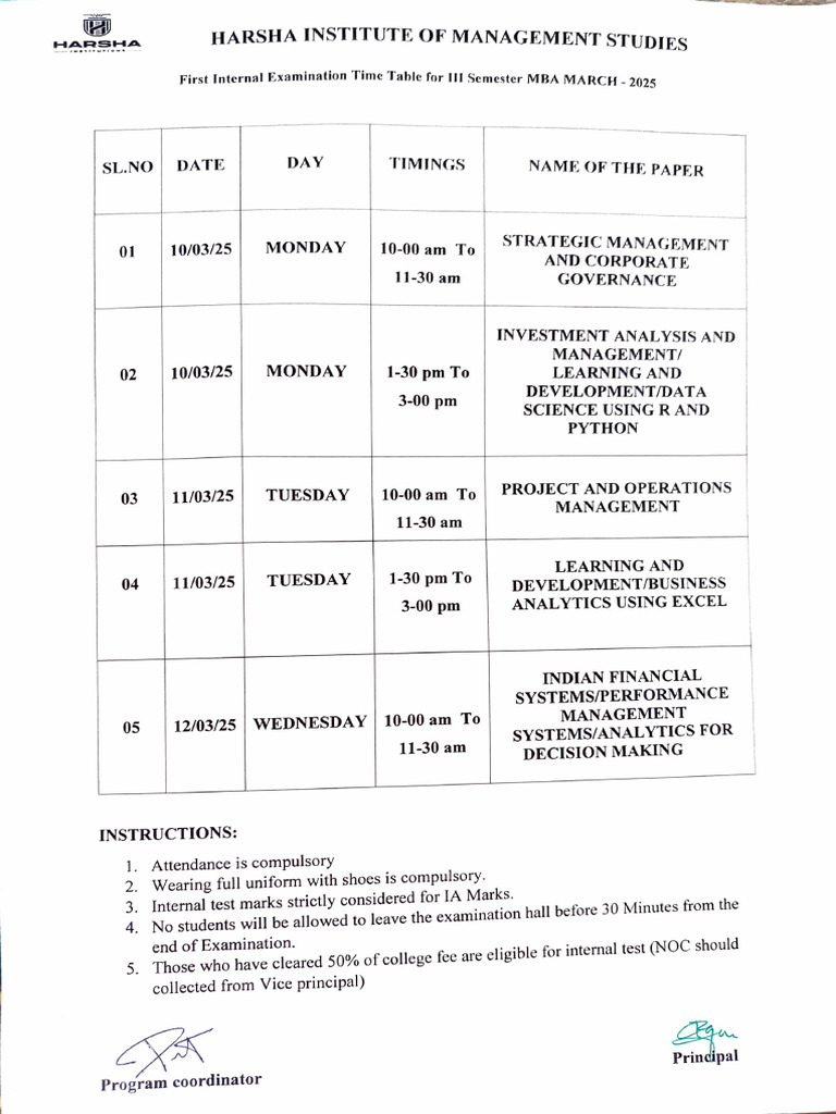 MBA 3rd Sem Internal Test 1 Time Table | PDF