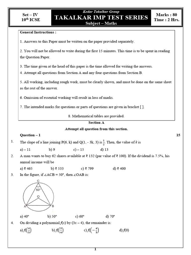 ICSE 10th Maths Test Paper Guide | PDF | Mathematics