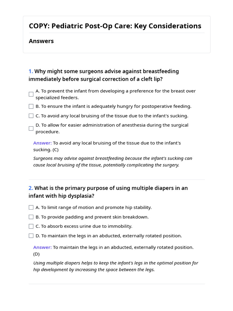 COPY Pediatric Post Op Care Key Considerations Answers | PDF | Medical ...