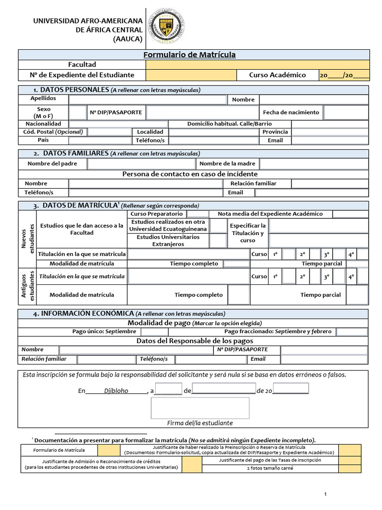 Facultades - Formulario de Matricula 1 | PDF