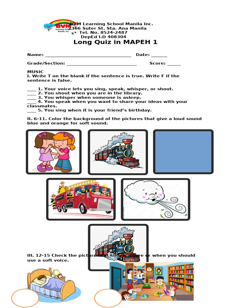 MAPEH 1 Quiz for Young Students | PDF