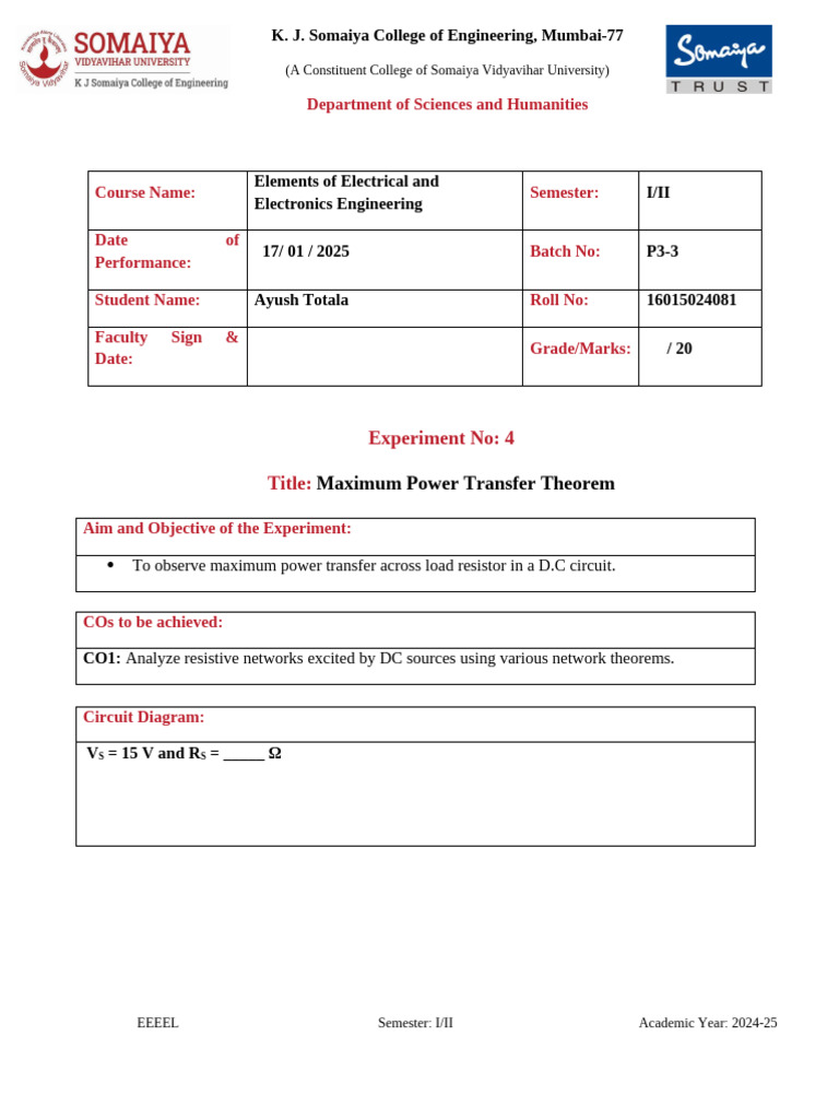 Expt 4 Maximum Power Theorem 24-25 | PDF | Electrical Network | Electric Power