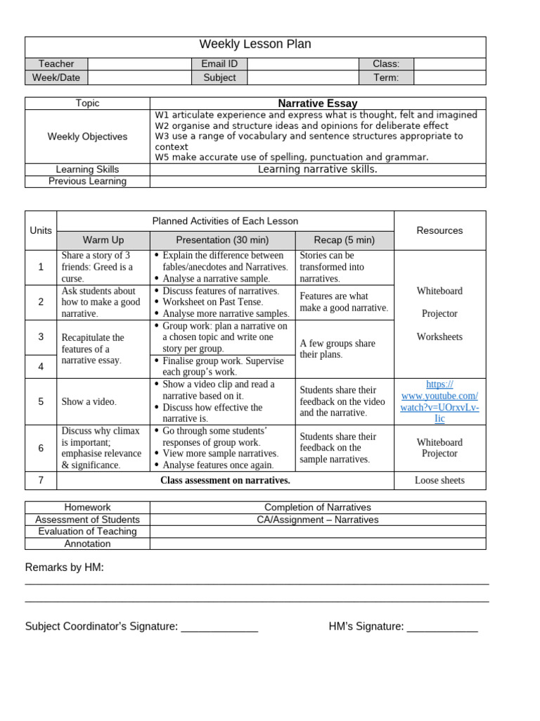 O Level English Lesson Plan Narrative Essay | PDF | Narrative | Linguistics