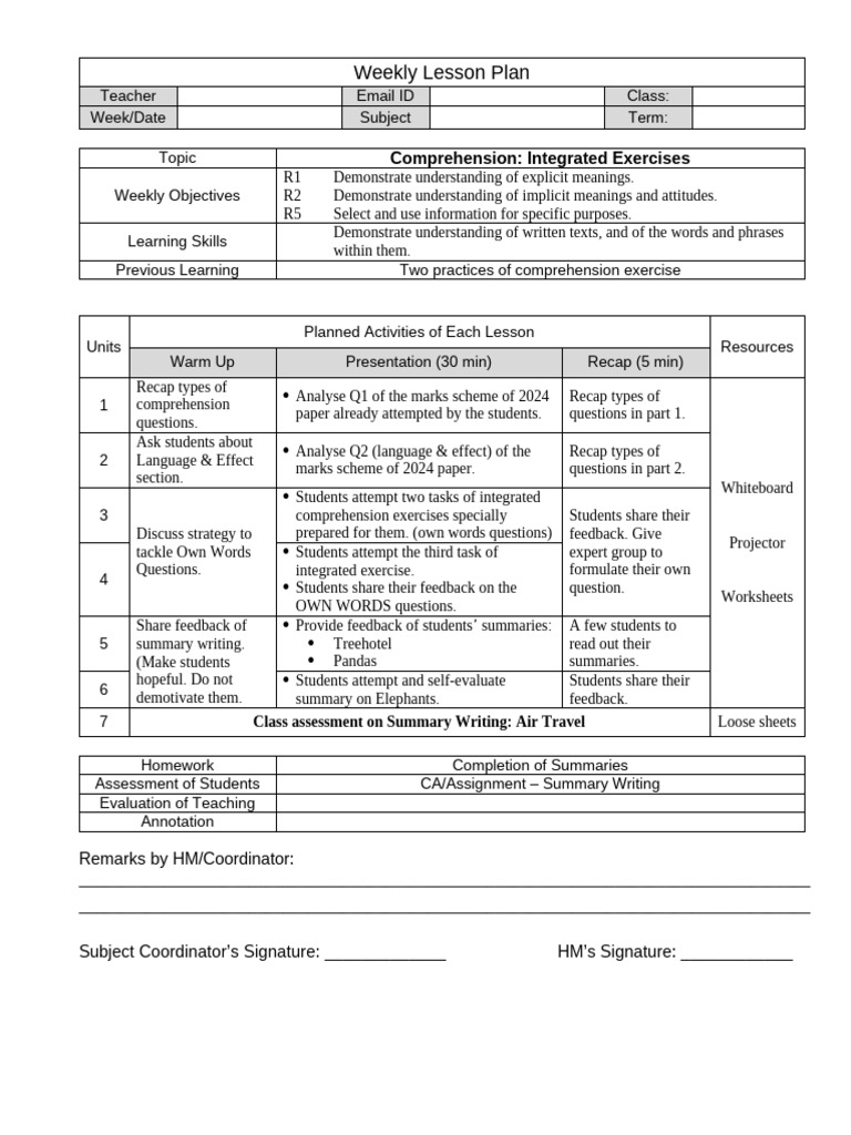 O Level English Lesson Plan Comprehension Integrated Exercise | PDF ...