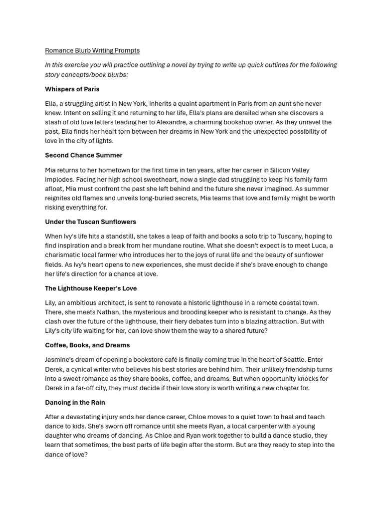 Novel Writing Book Blurb To Outline Excercise | PDF