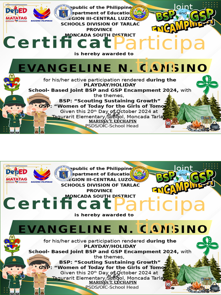 Bsp Gsp Certificate of Participation Playday Holiday 2024 | PDF