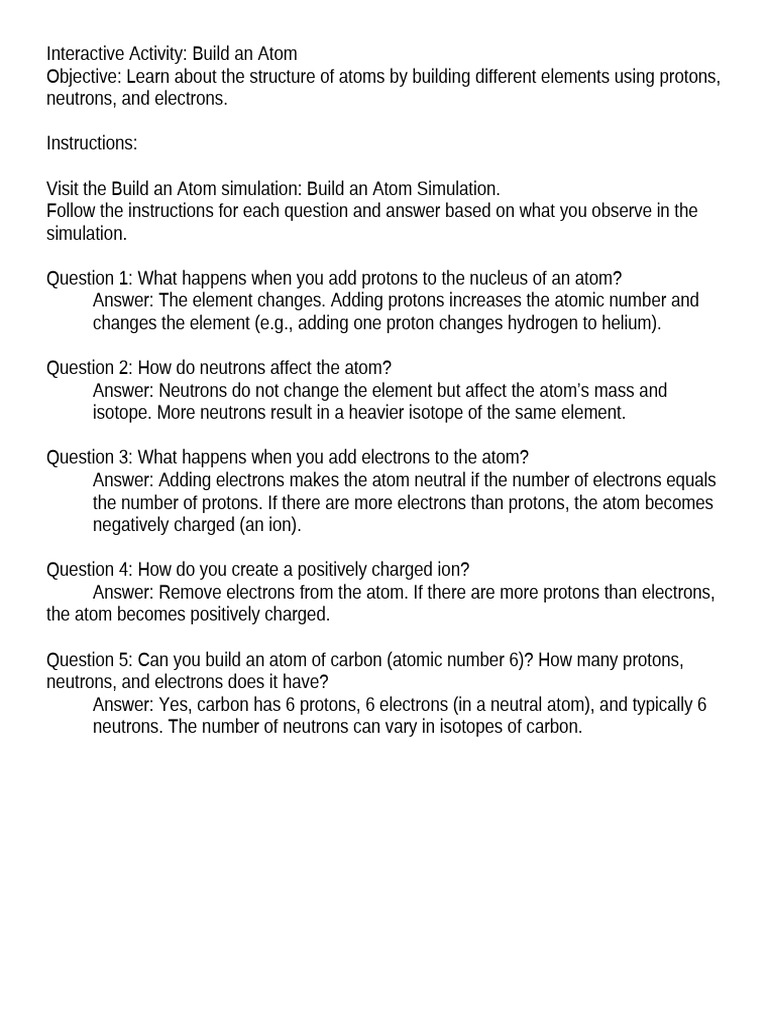 Build an Atom: Interactive Learning Activity | PDF