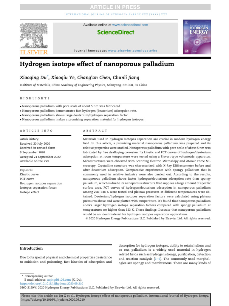 Nanoporous Palladium for Hydrogen Isotope Separation | PDF | Adsorption ...