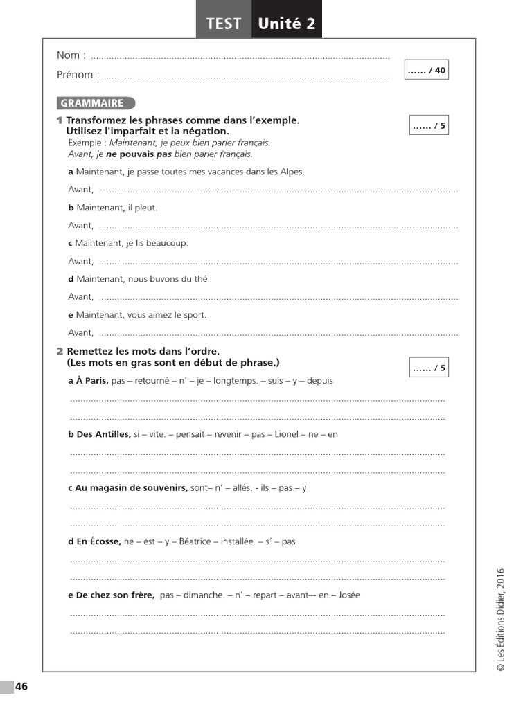 Test de français - Unité 2 | PDF