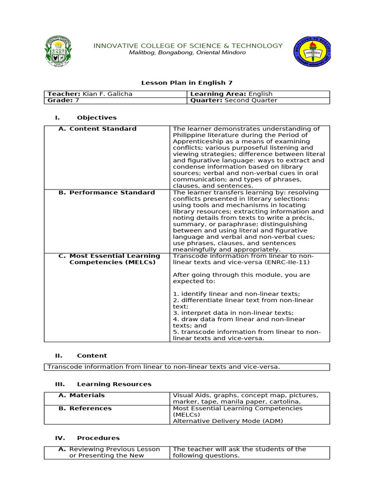 English 7 Lesson Plan: Text Types | PDF | Influenza | Diseases And ...