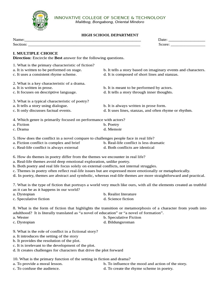 High School Literature Quiz Questions | PDF | Poetry | Plot (Narrative)