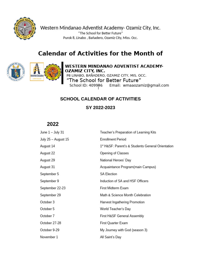 WMAA Ozamiz City Activity Calendar 2022-2023 | PDF