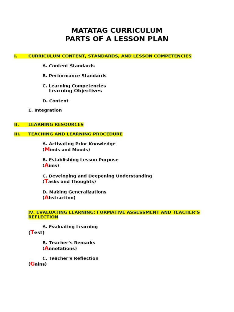 MATATAG CURRICULUM Parts of A Lesson Exemplar | PDF