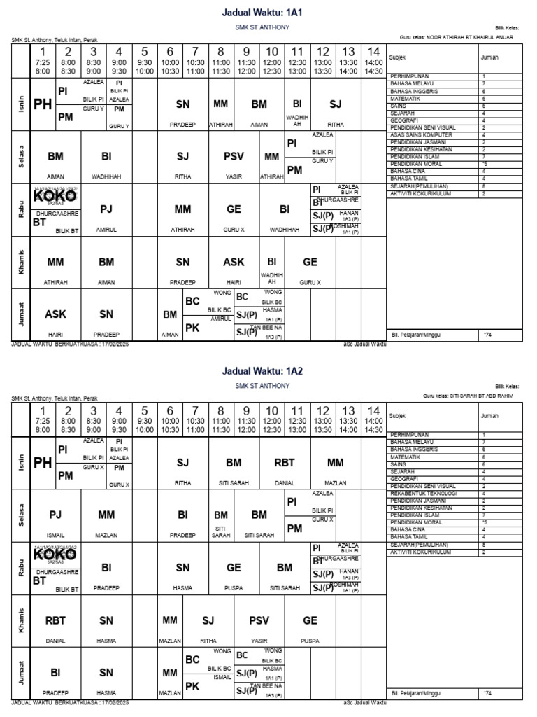 Jadual Waktu SMK St. Anthony | PDF