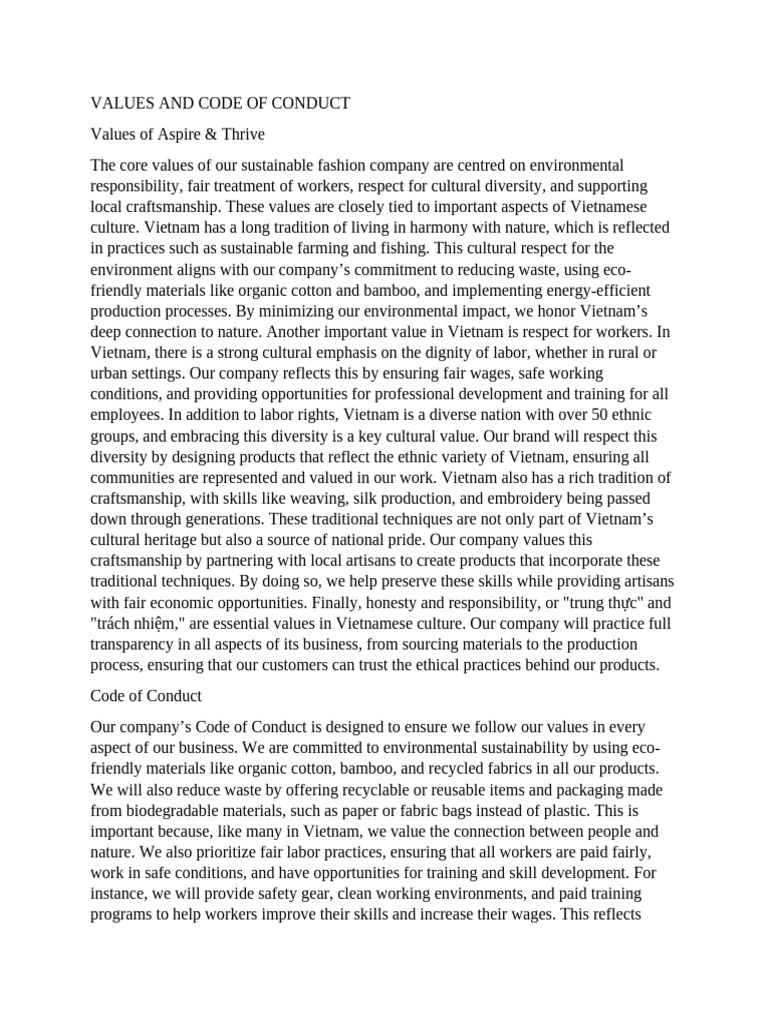 Values and Code of Conduct | PDF | Vietnam | Sustainability