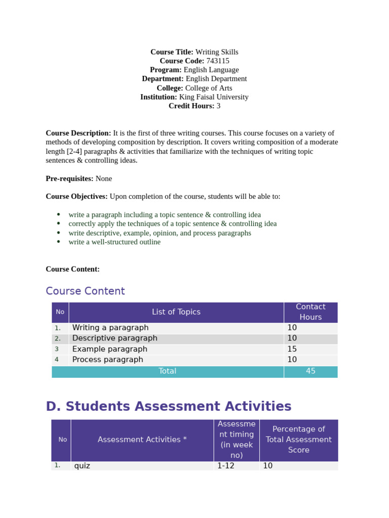 Writing Skills Course Overview | PDF | Learning | Human Communication