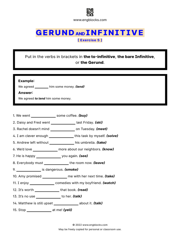 Gerund and Infinitive Exercise 5 | PDF