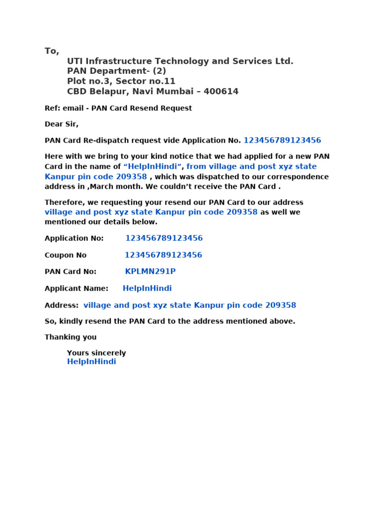 PAN Card Re-dispatch Request Letter | PDF